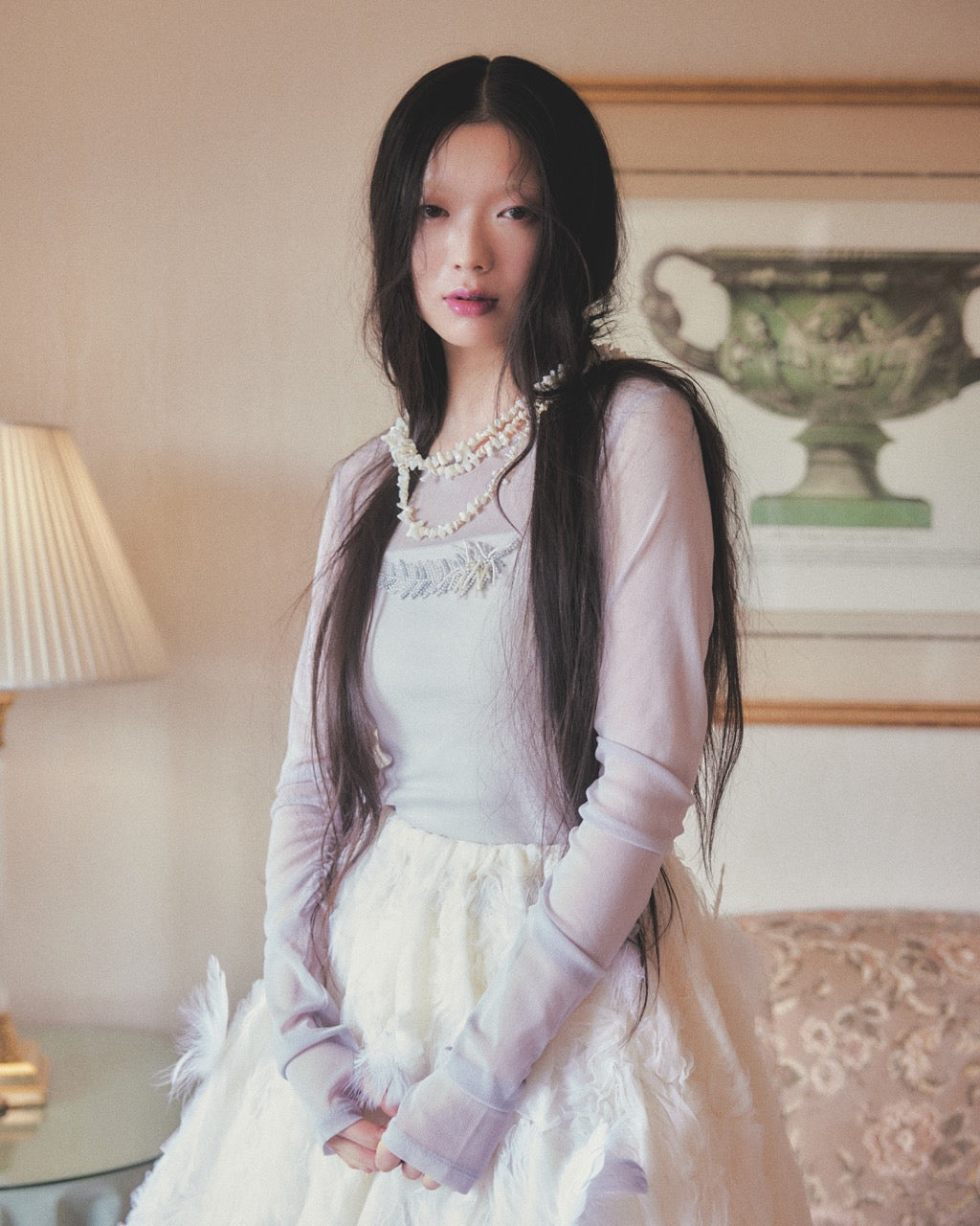 feather beads embroidery gather sleeve tops Gray【Delivery in March 202 ...